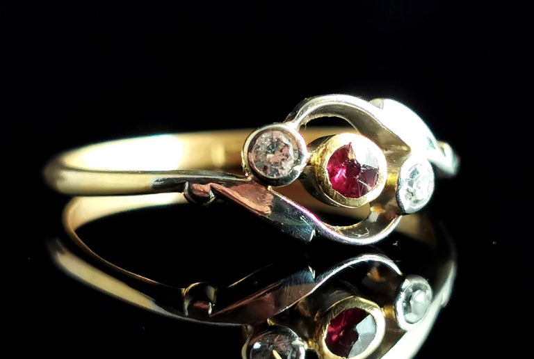 Antique Art Deco Ruby and Diamond Crossover Ring, Trilogy, 18k Gold and ...