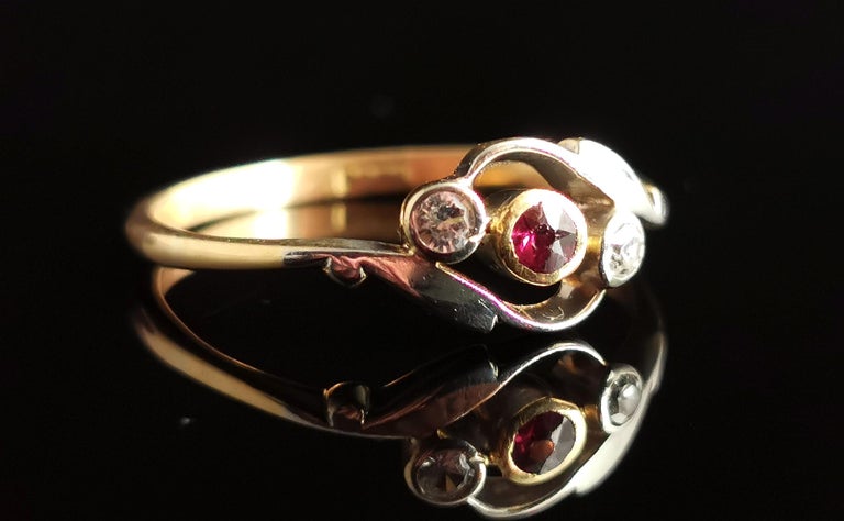 Antique Art Deco Ruby and Diamond Crossover Ring, Trilogy, 18k Gold and ...