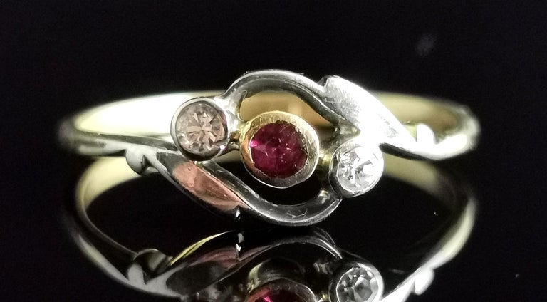 Antique Art Deco Ruby and Diamond Crossover Ring, Trilogy, 18k Gold and ...