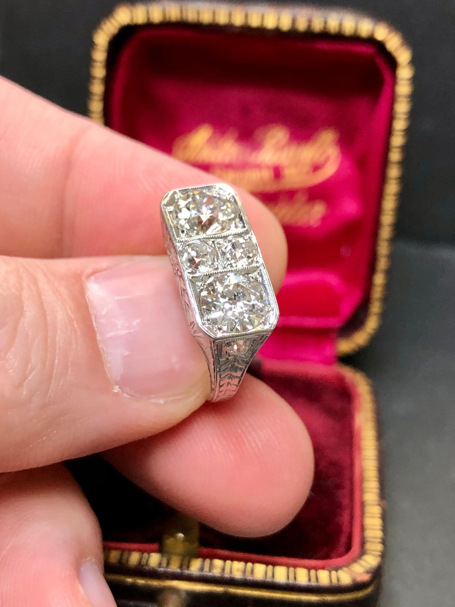 Antique Art Deco Textured Platinum Double Diamond Saddle Ring 2.57cttw ...