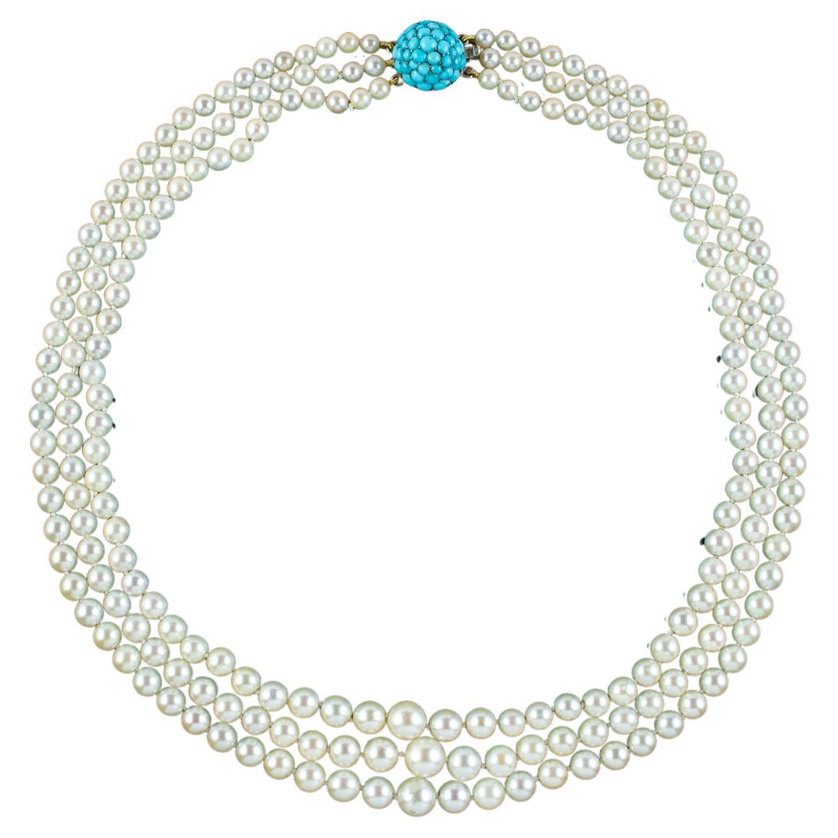 1920's Art Deco Triple Strand Pearl Necklace with Antique Diamond Clasp For Sale at 1stDibs