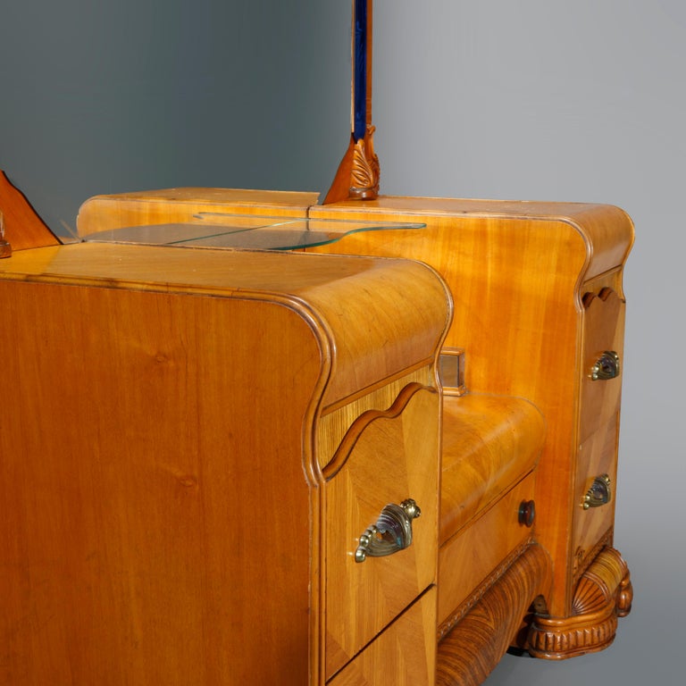 Antique Art Deco Waterfall Satinwood Dressing Table with Blue Glass ...