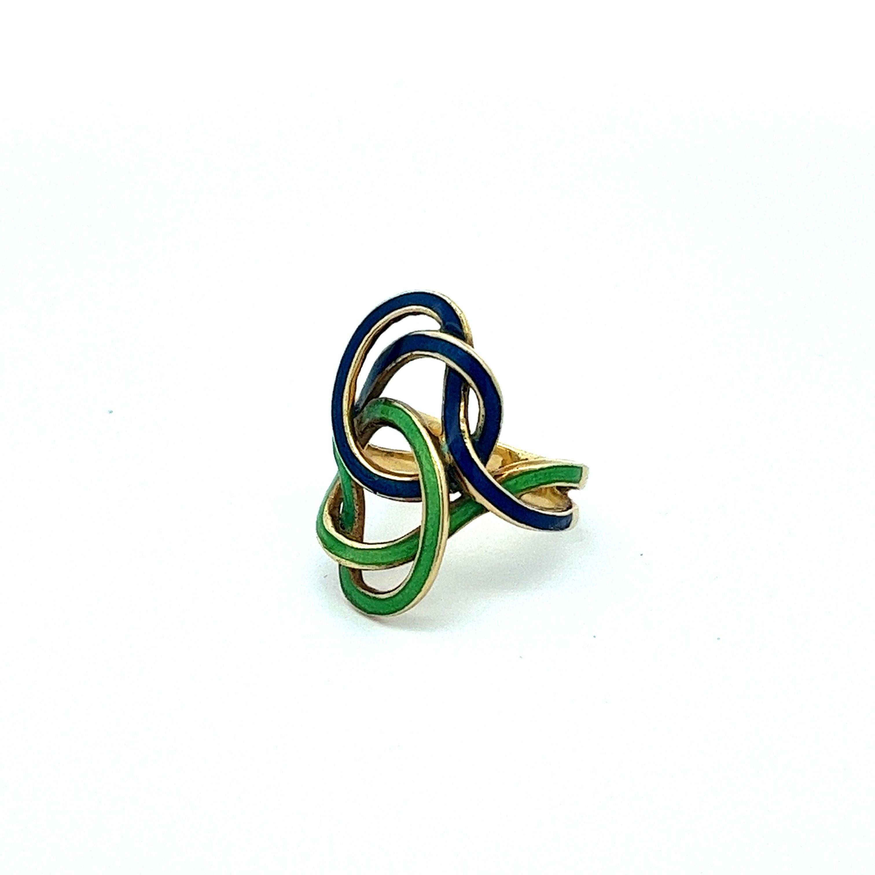 Antique 14 Karat Yellow Gold Guilloché Green and Blue Enamel Ring For Sale at 1stDibs