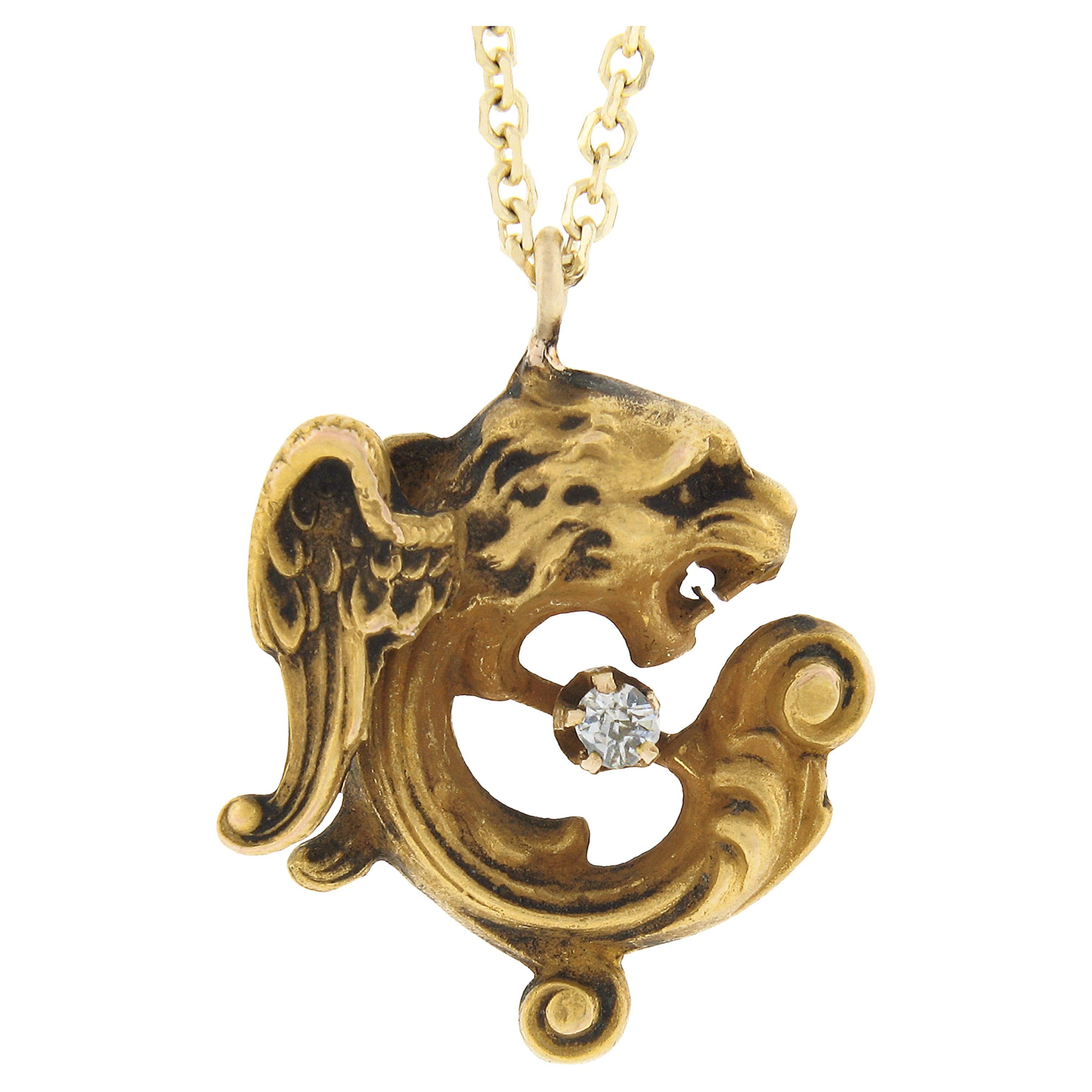 Antique Art Nouveau 14K Gold Diamond Puffed Winged Serpent Dragon ...