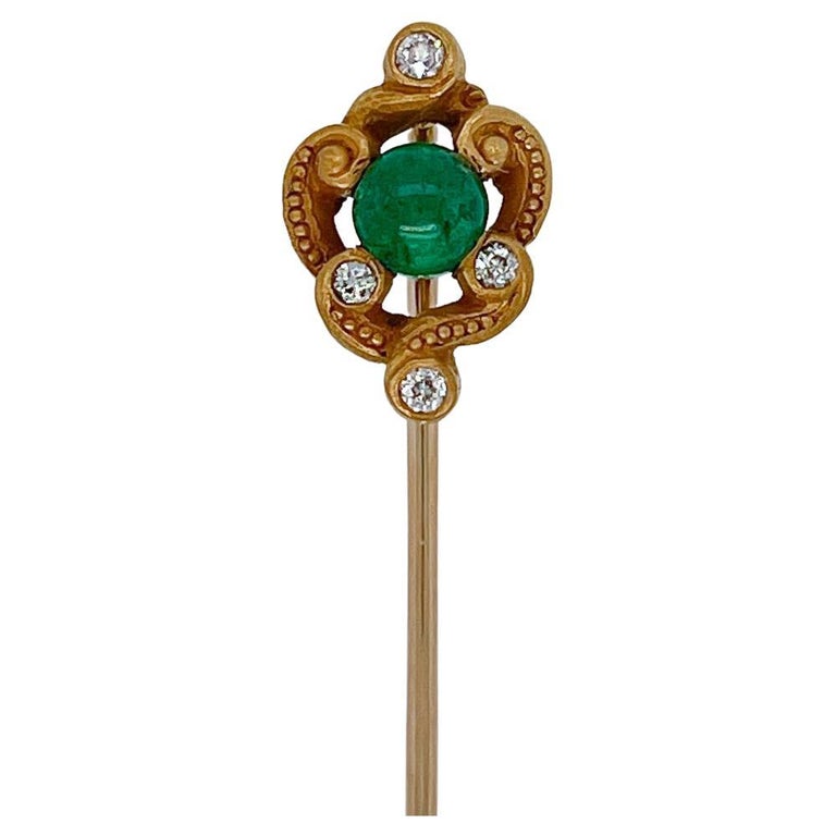 Antique Art Nouveau 14k Gold, Emerald and Diamond Stickpin at 1stDibs