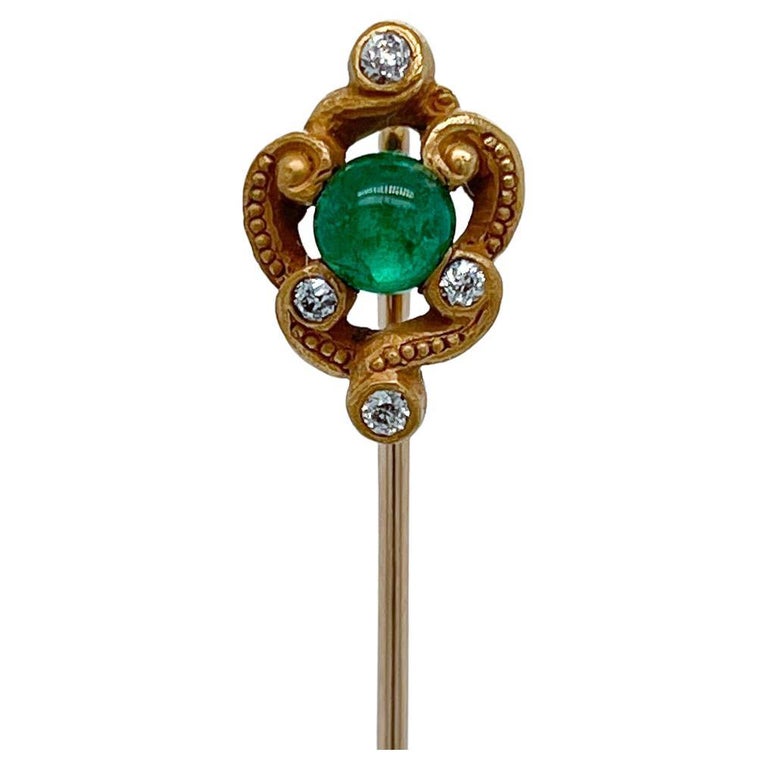 Antique Art Nouveau 14k Gold, Emerald and Diamond Stickpin at 1stDibs