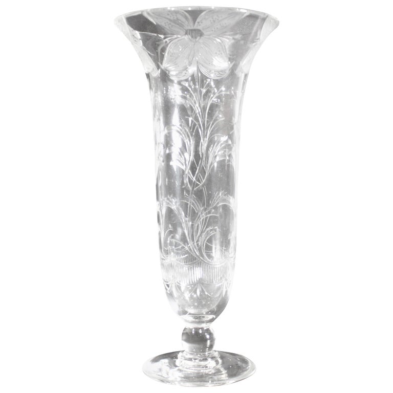 Antique Art Nouveau Clear Cut Crystal Vase with Floral Decoration For ...