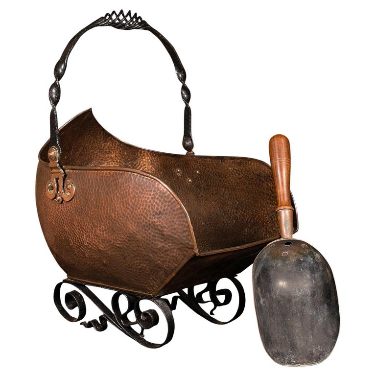 Antique Art Nouveau Coal Scuttle, English Copper, Fireside Log Bucket ...