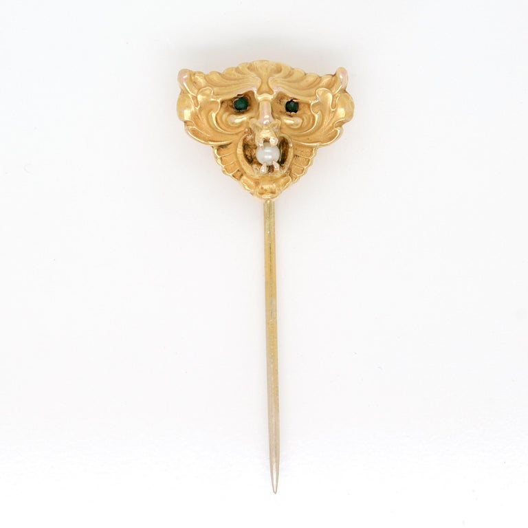 Antique Art Nouveau Devil's Mask 14K Gold and Pearl Stick Pin or Lapel ...