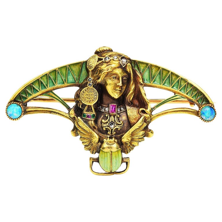 Antique Art Nouveau Diamant Or Enamel Egyptian Revival Lady Scarab Pin ...