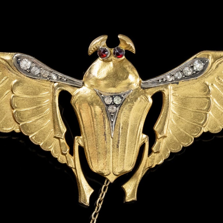 Antique Art Nouveau Garnet Paste Silver Gold Gilt Scarab Beetle Brooch