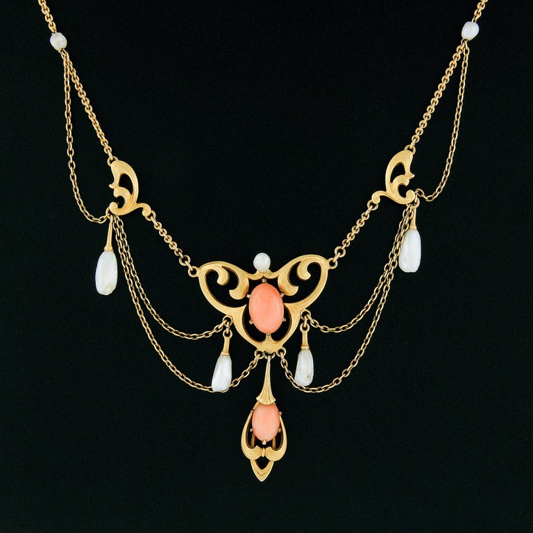Antique Art Nouveau Krementz 14K Gold Coral and Freshwater Pearl Swag ...