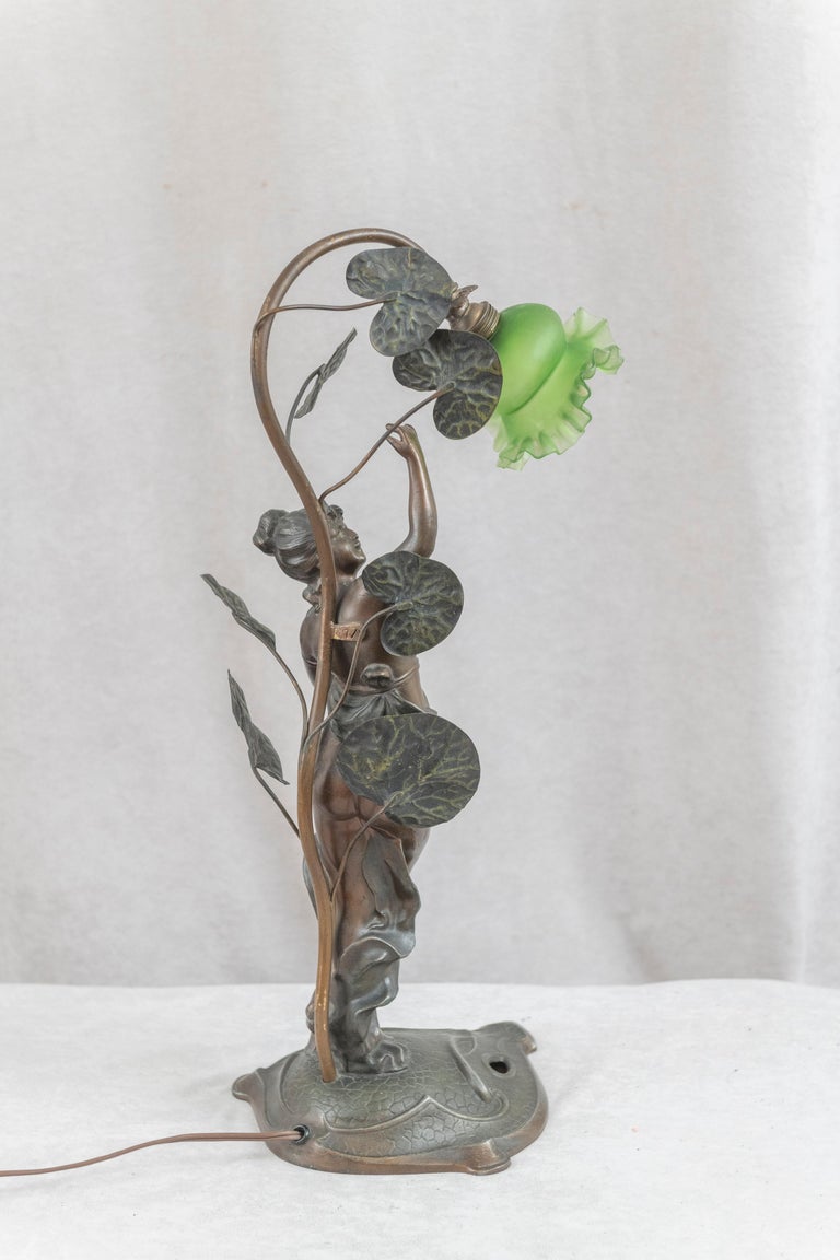 Antique Art Nouveau Lamp, Maiden under Foliage W/ Original Green Shade ...