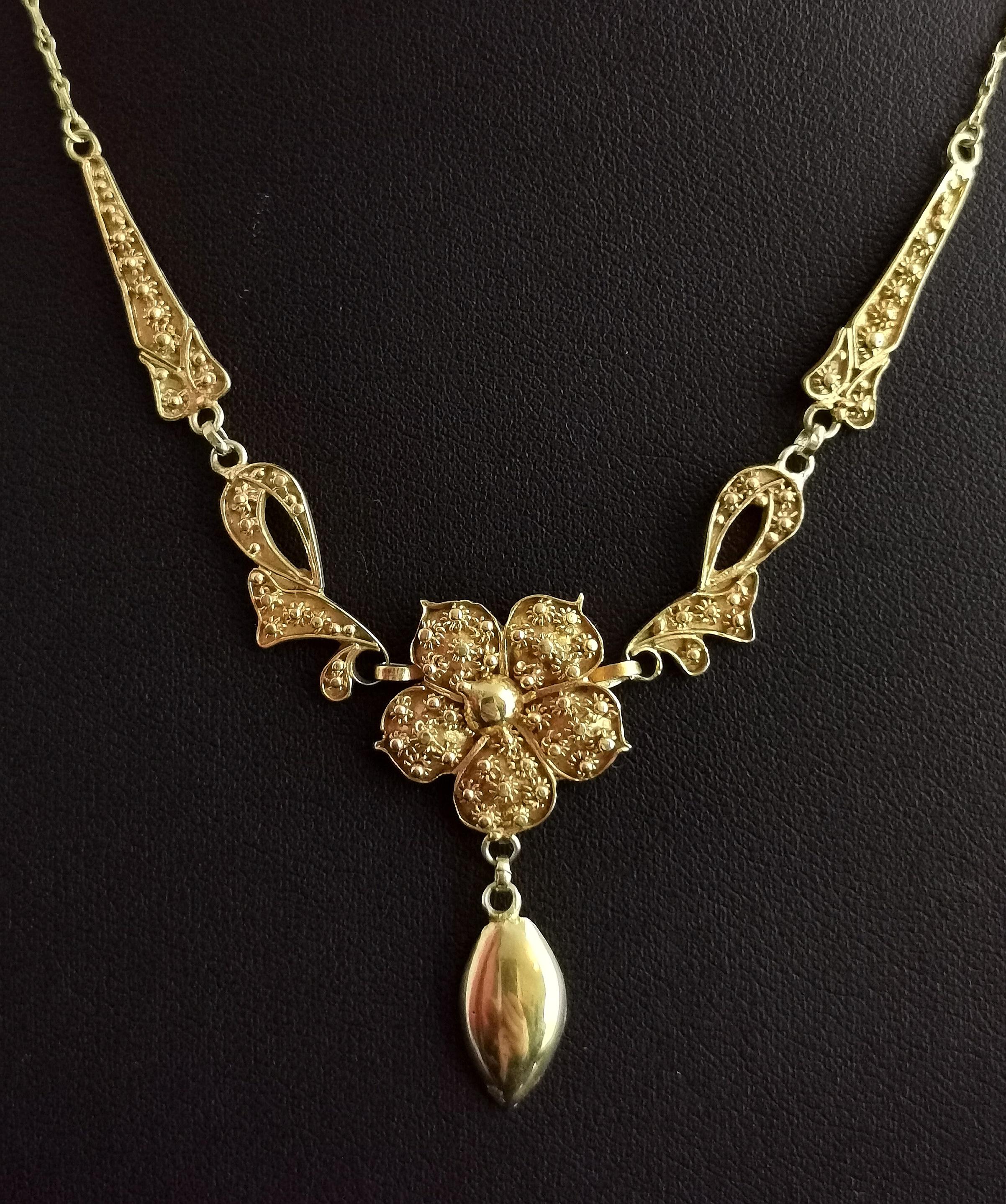 Antique Art Nouveau Lavalier Necklace, Floral, 22 Karat Yellow Gold at ...