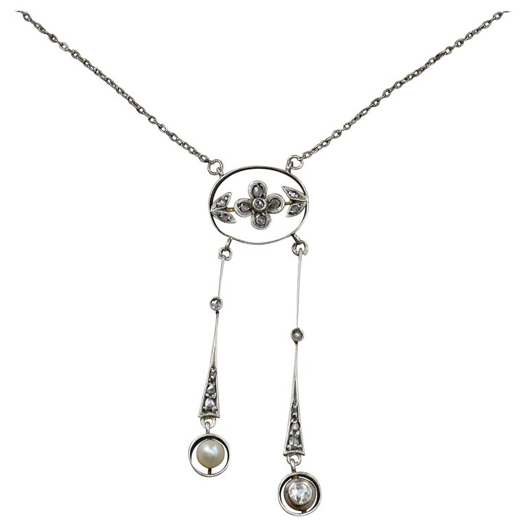 Antique Art Nouveau Pearl and Diamond Negligee Necklace For Sale at 1stDibs