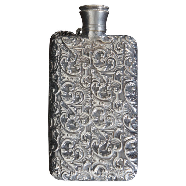 Antique Art Nouveau Repousse Silver Plate Pocket Flask Engraved Baroque ...