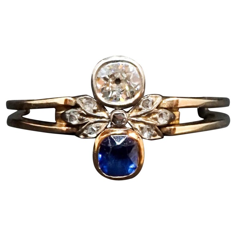 Antique Art Nouveau Saphire and Diamond Red Gold Ring, Austria, Around ...