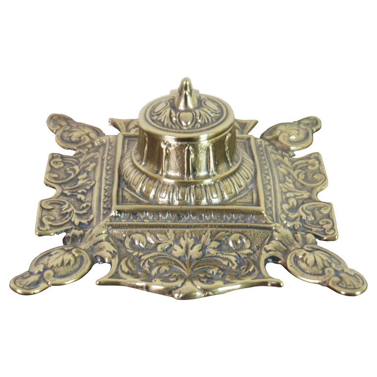 Antique Art Nouveau Scalloped Brass Desktop Executive Inkwell Stand For ...
