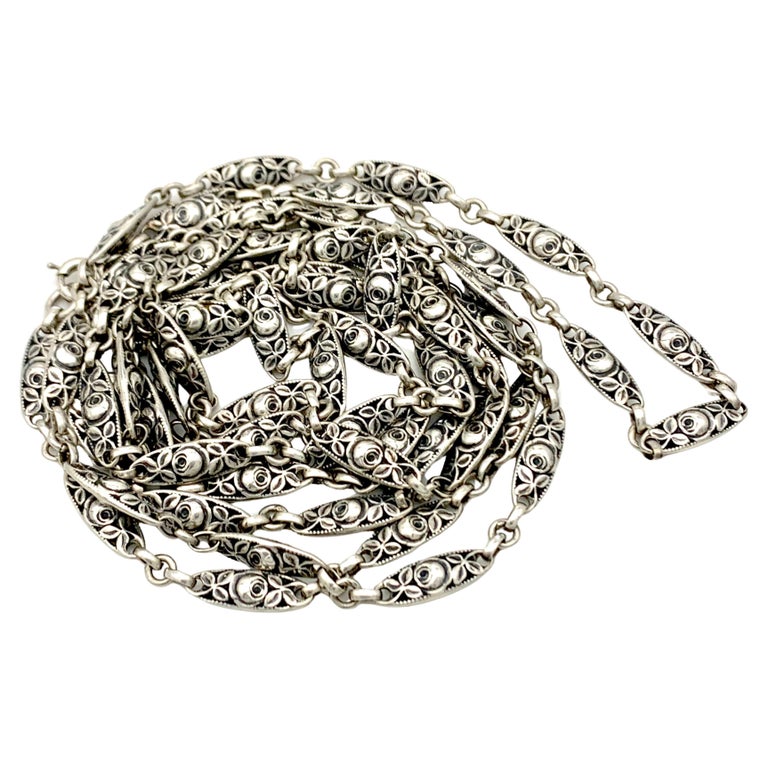 Antique Art Nouveau Silver Long Guard Chain Roses For Sale at 1stDibs