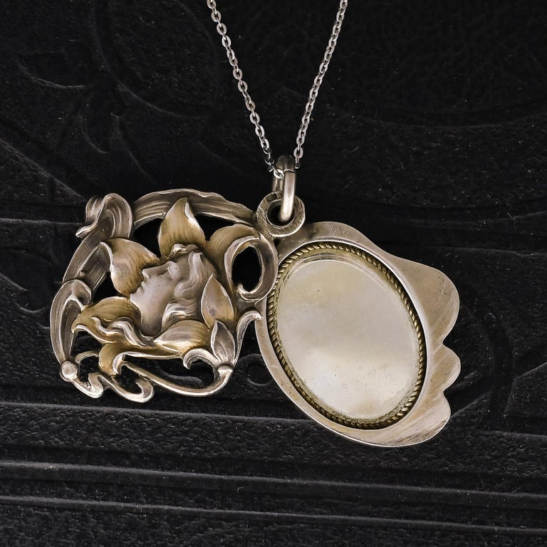 Antique Art Nouveau Silver Mirror Locket Necklace at 1stDibs