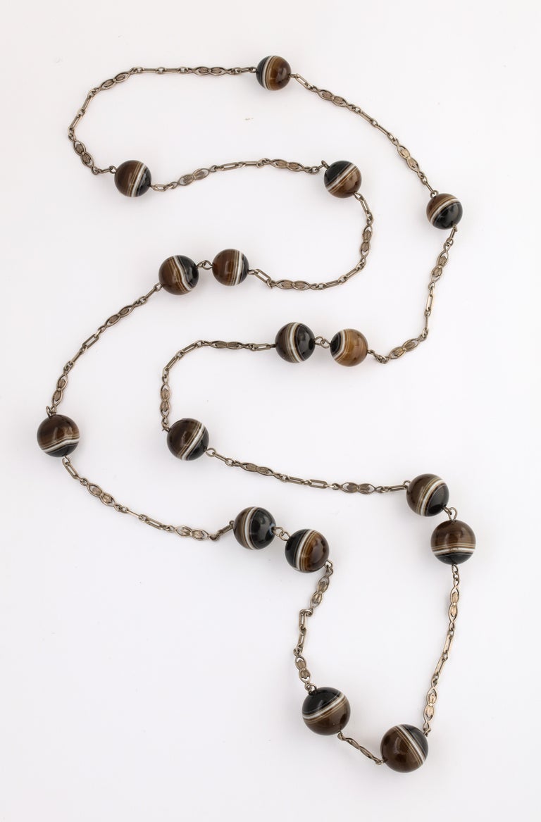 Antique Art Nouveau Sterling and Banded Agate Chain For Sale at 1stDibs