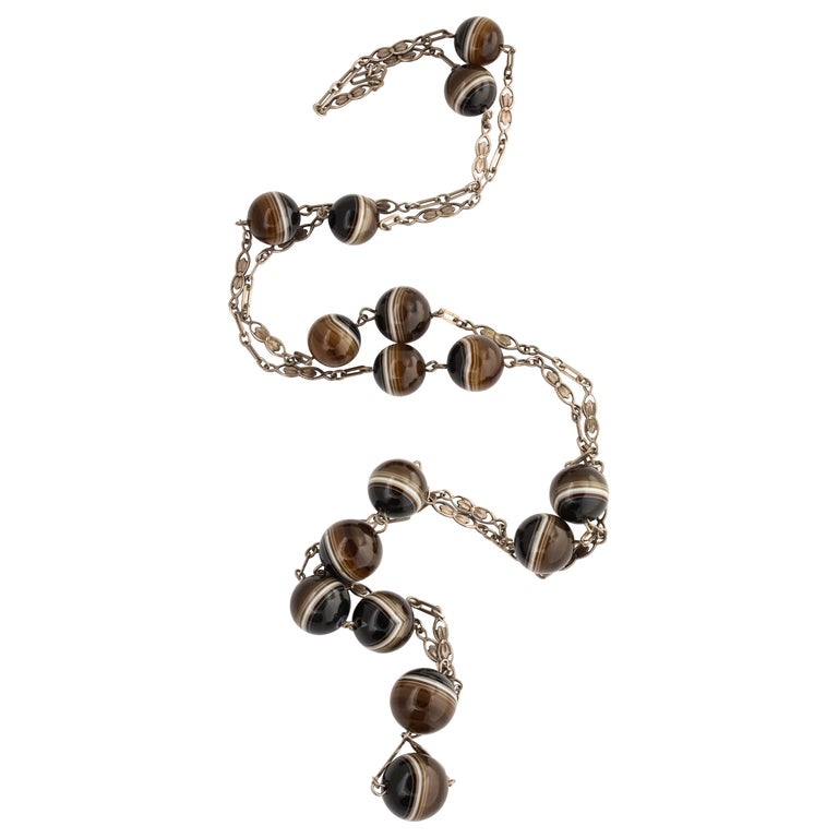 Antique Art Nouveau Sterling and Banded Agate Chain For Sale at 1stDibs