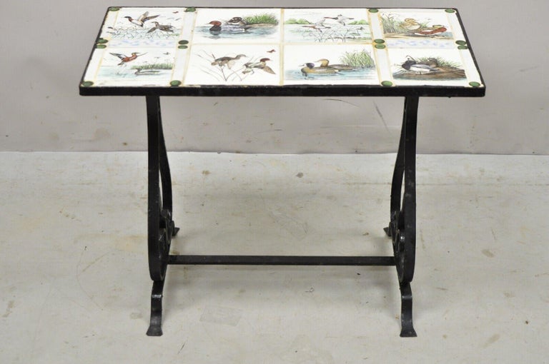 Antique Art Nouveau Wrought Iron Small Side Table with Duck Geese Tile ...