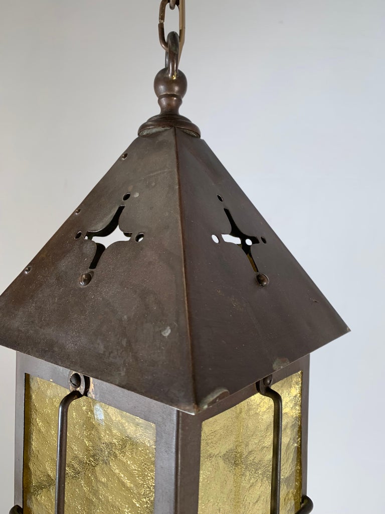 Antique Arts and Crafts Brass and Cathedral Glass Lantern or Pendant or ...