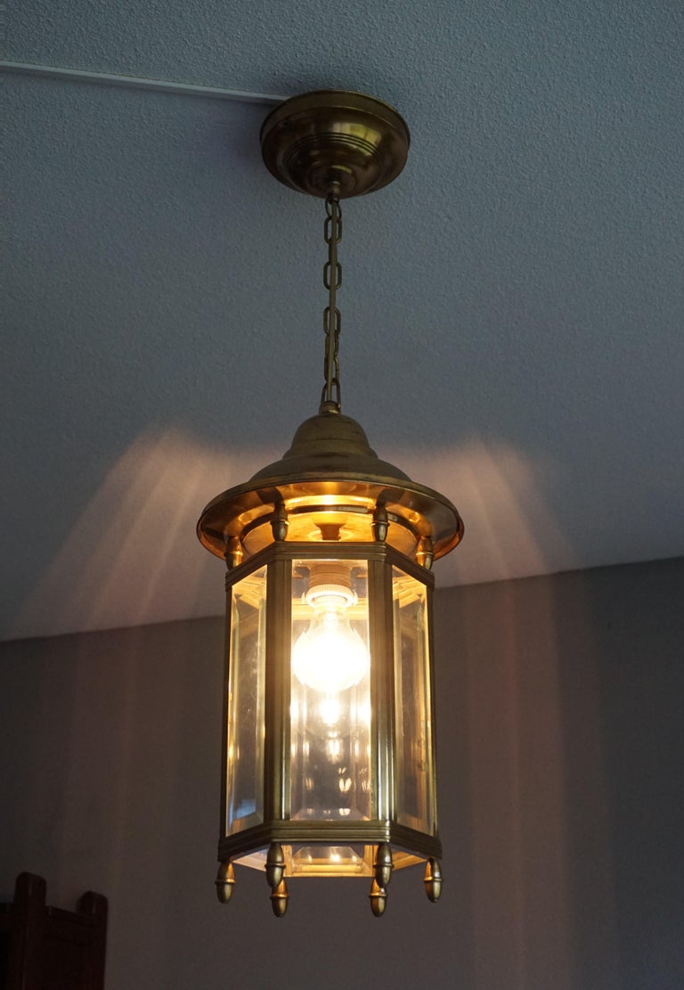 Antique Arts and Crafts Brass and Beveled Glass Entry Hall Pendant ...