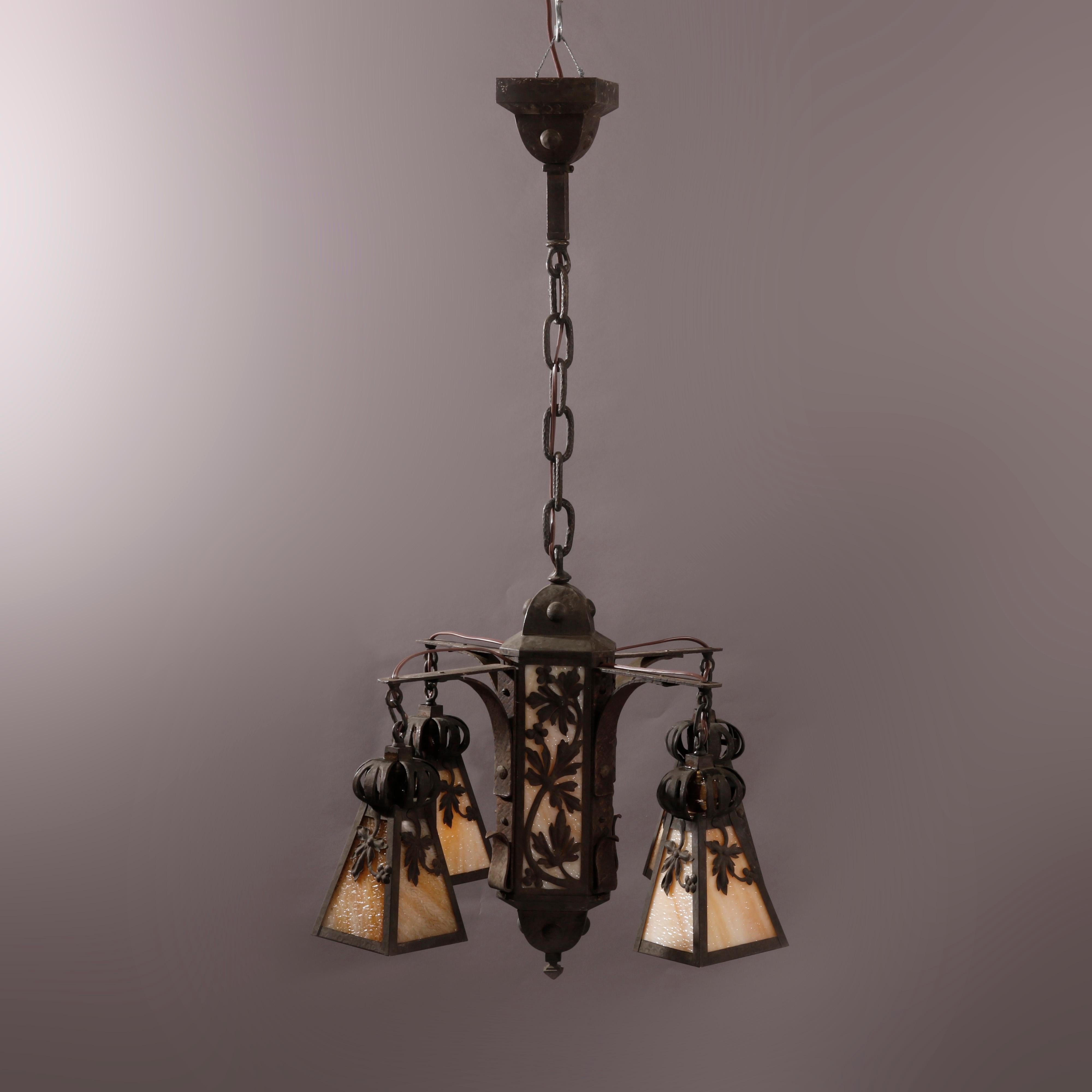 Antique Arts and Crafts Hammered Metal and Slag Glass Hanging Ceiling ...