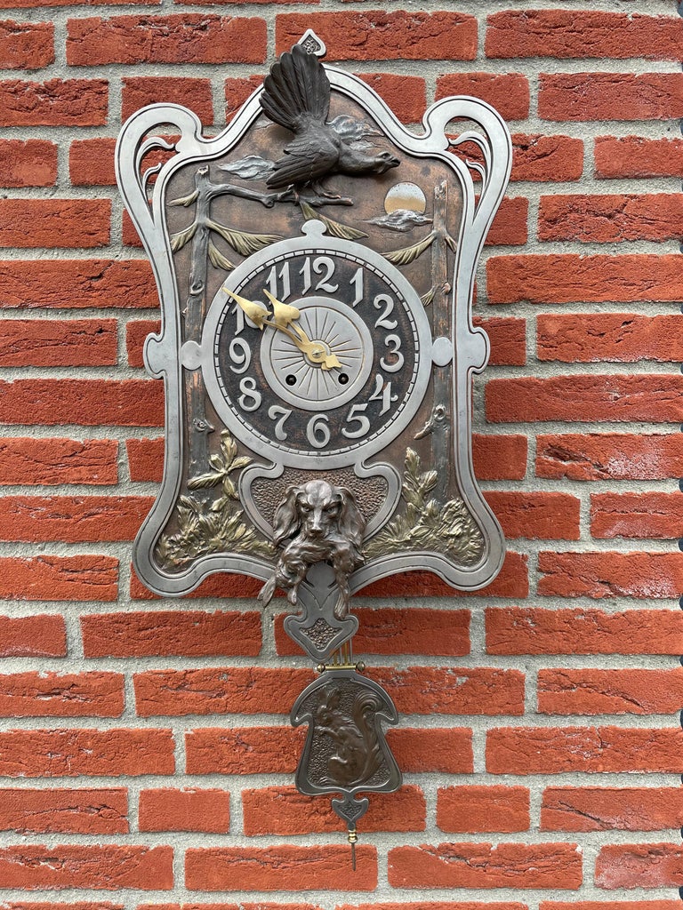 Antique Arts and Crafts Hunting Clock with Bronze Dog and Bird ...