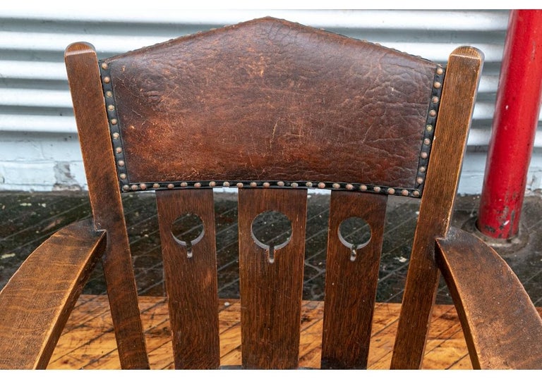 Antique Arts and Crafts Leather Upholstered Rocker For Sale at 1stDibs