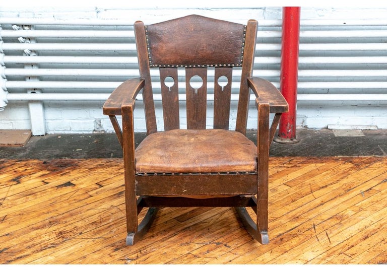 Antique Arts and Crafts Leather Upholstered Rocker For Sale at 1stDibs