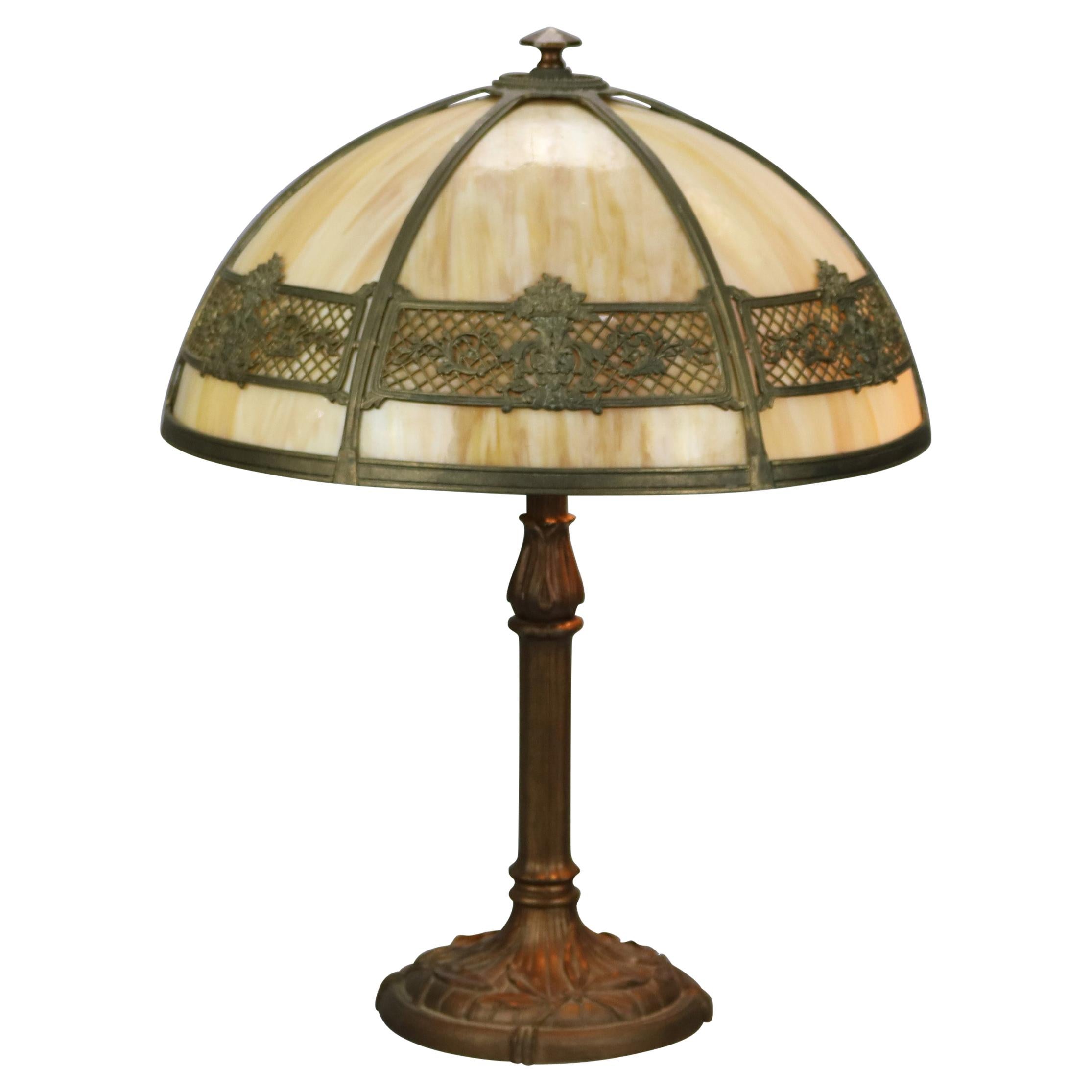 Arts and Crafts Slag Glass and Iron Table Lamp For Sale at 1stDibs