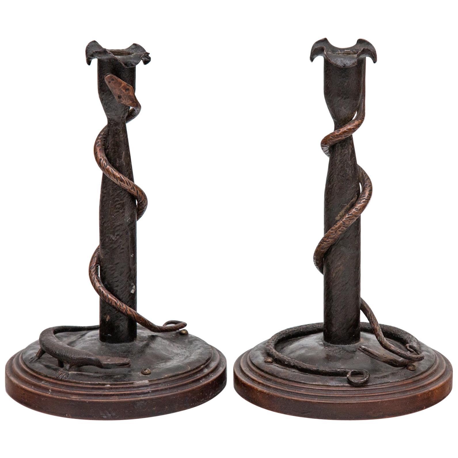 Antique Arts and Crafts Bronze and Wood Snake Candlesticks at 1stDibs