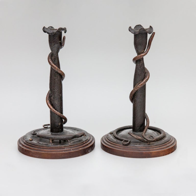 Antique Arts and Crafts Bronze and Wood Snake Candlesticks at 1stDibs
