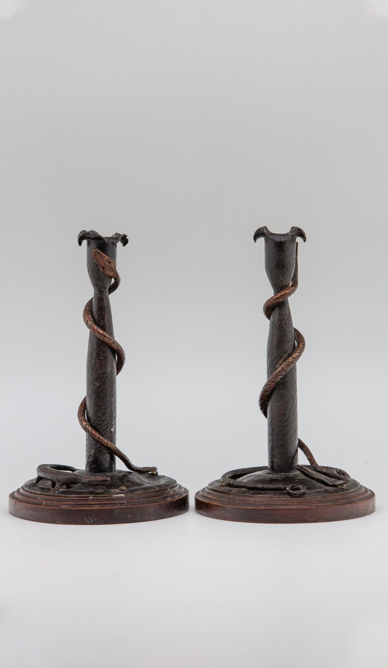 Antique Arts and Crafts Bronze and Wood Snake Candlesticks at 1stDibs