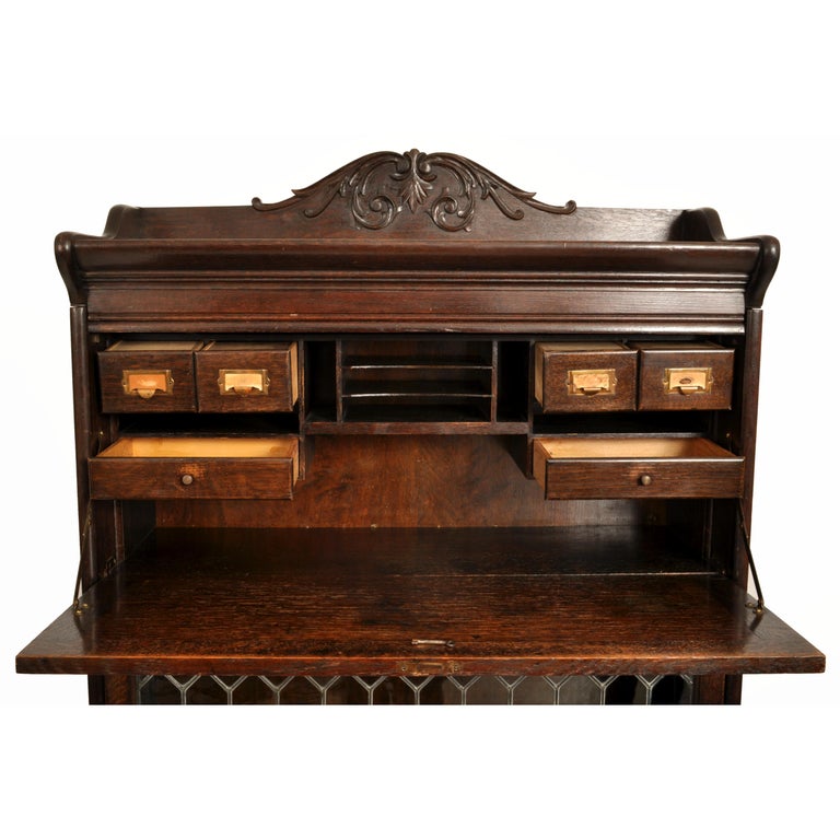 Antique Arts and Crafts Carved Oak Lawyer's Barrister's Bookcase Desk ...