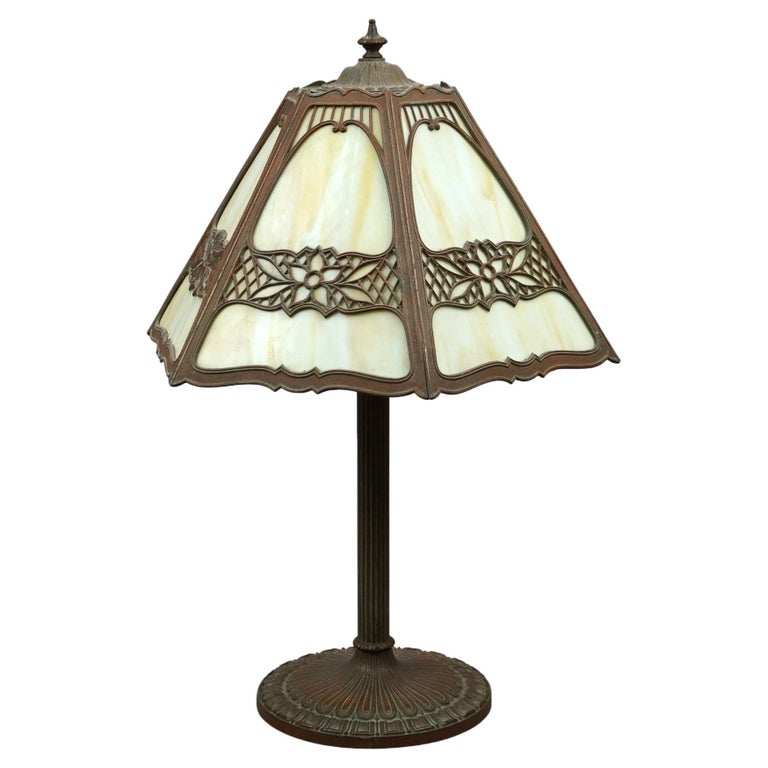 Antique Arts and Crafts EM Miller Slag Glass Table Lamp Circa 1920 For ...