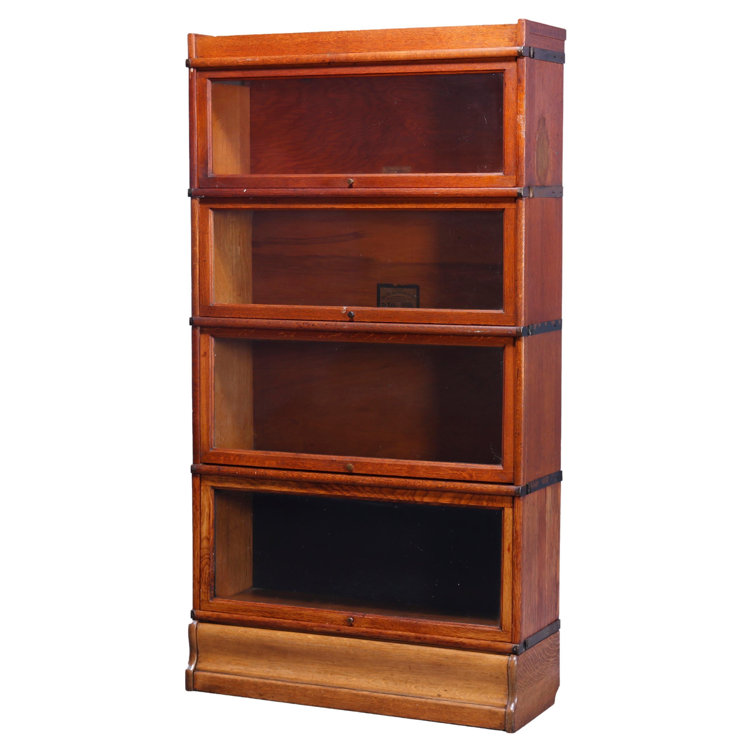 Globe-Wernicke Oak Four-Stack Barrister Bookcase with Leaded Glass Doors, 1920s at 1stDibs