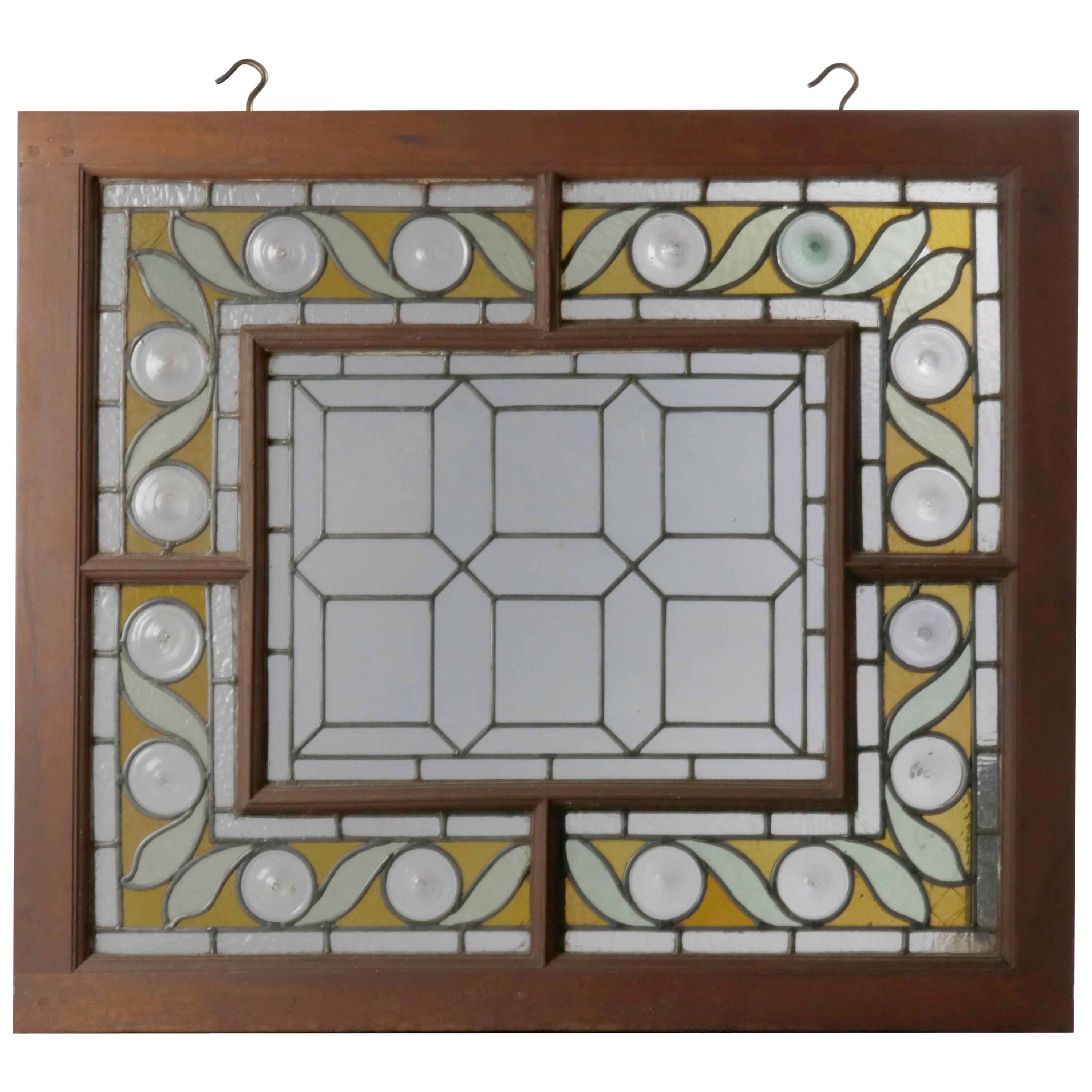 Antique Arts and Crafts Leaded Stained and Bullseye Glass Window, circa ...