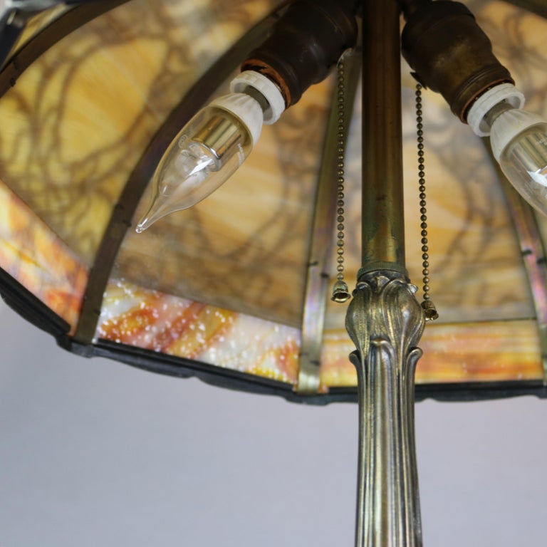 Antique Arts and Crafts Miller School Slag Glass Foliate Filigree Table ...