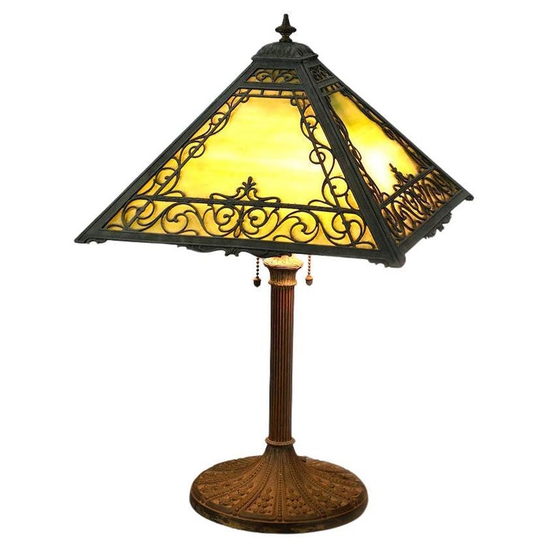 Antique Arts and Crafts Miller Slag Glass Table Lamp, circa 1920 at 1stDibs