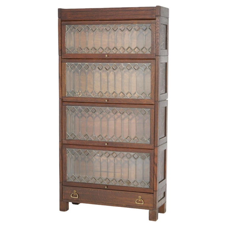Antique Arts and Crafts Mission Oak and Leaded Glass Barrister Stack ...