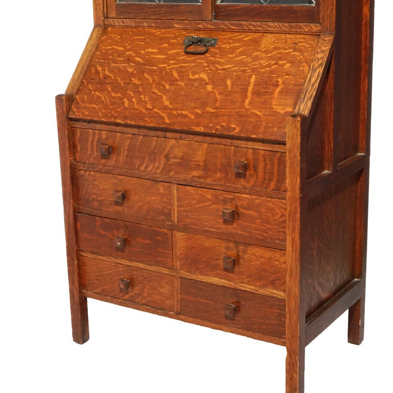 Antique Arts and Crafts Mission Oak and Leaded Glass Drop Front ...