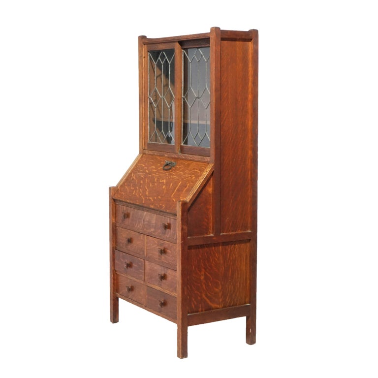 Antique Arts and Crafts Mission Oak and Leaded Glass Drop Front ...