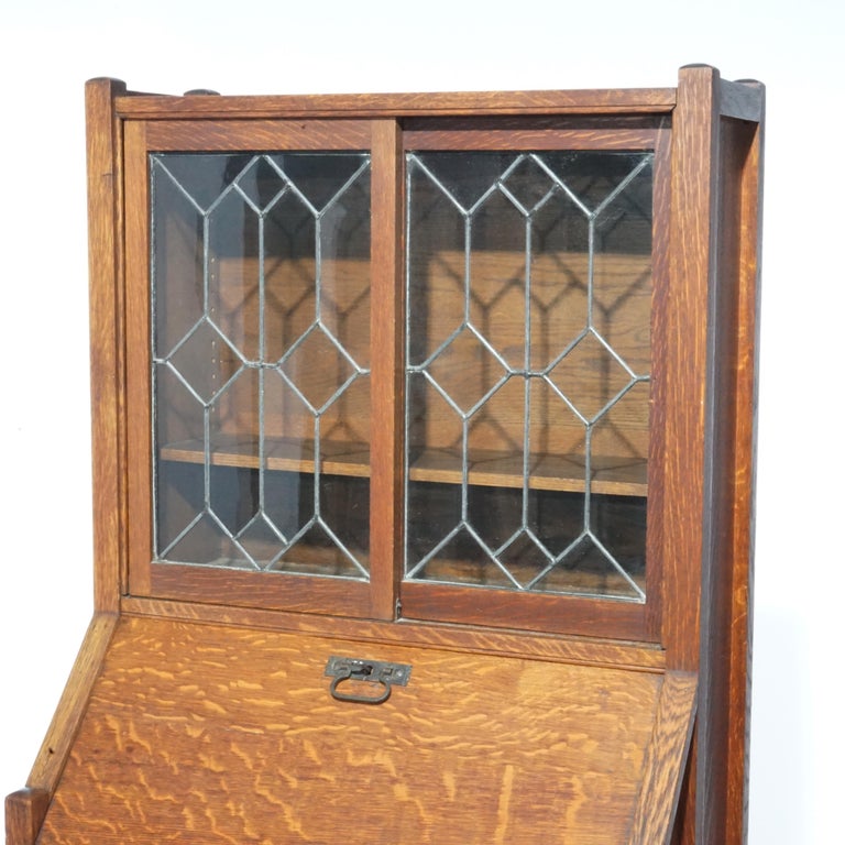 Antique Arts and Crafts Mission Oak and Leaded Glass Drop Front ...