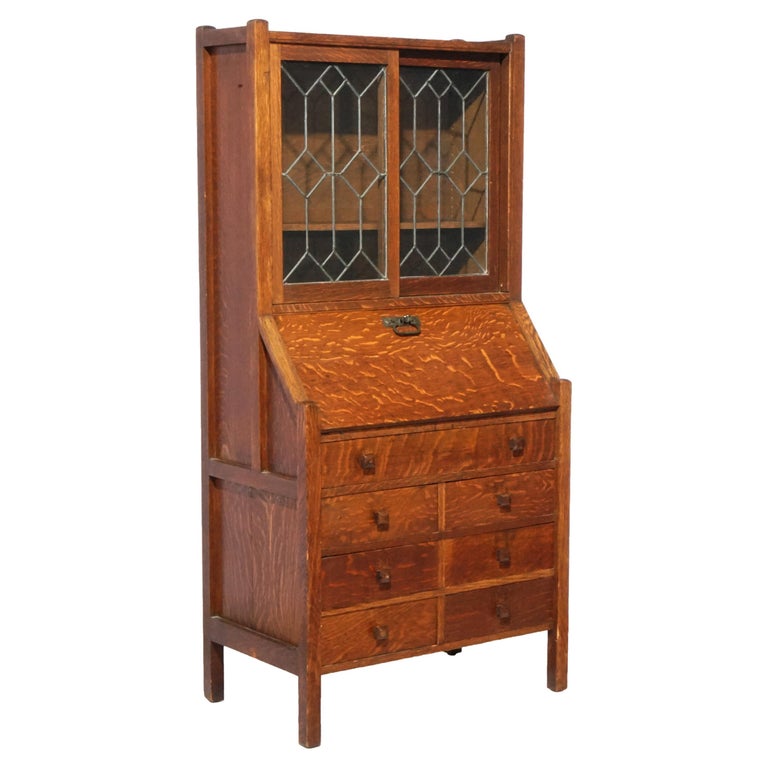 Antique Arts and Crafts Mission Oak and Leaded Glass Drop Front ...