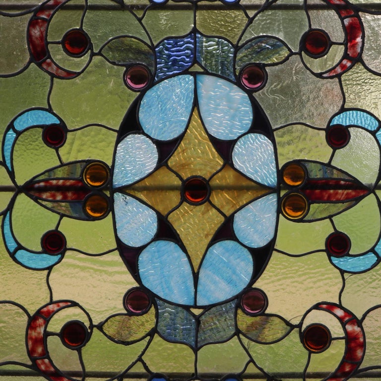 Antique Arts and Crafts Mosaic Leaded Glass and Jeweled Bullseye Window ...