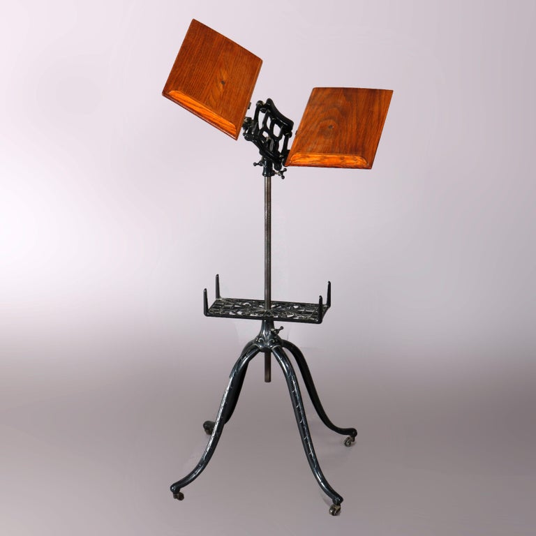 Antique Arts and Crafts Oak and Cast Iron Library Dictionary Book Stand ...